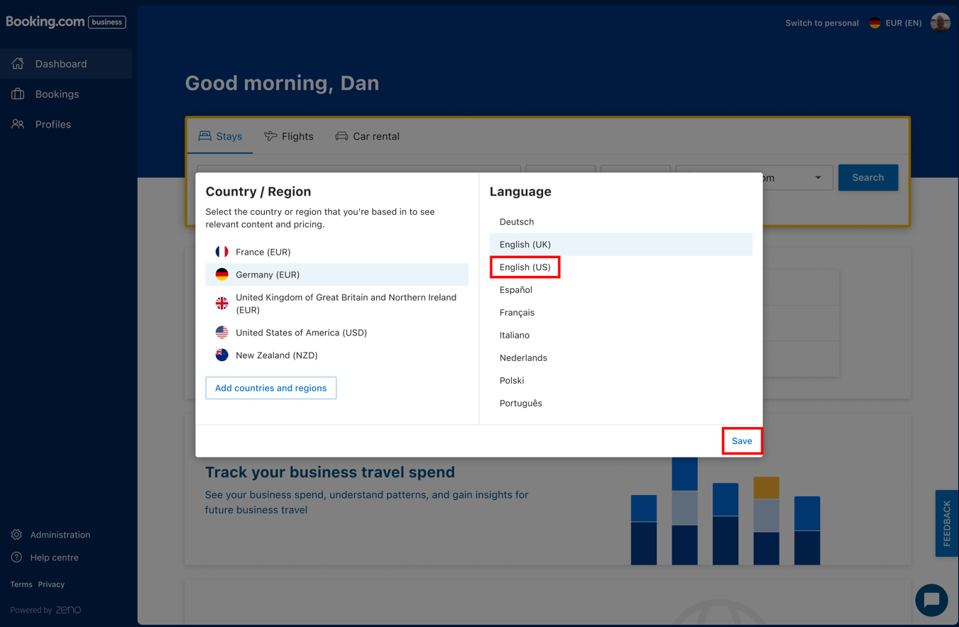 Change the language setting – Booking.com for Business